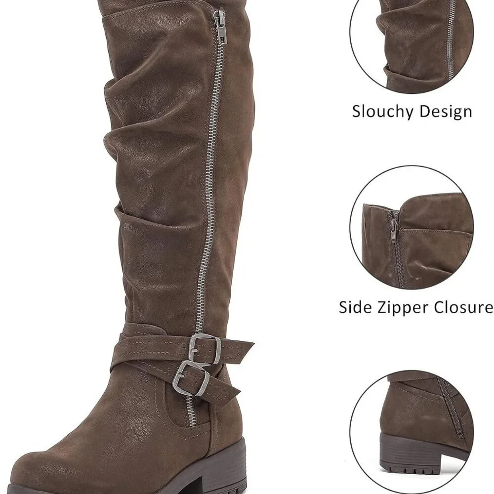 Shoes | Womens Slouchy Knee High Boots Low Heel Comfort Round Toe Tall ...